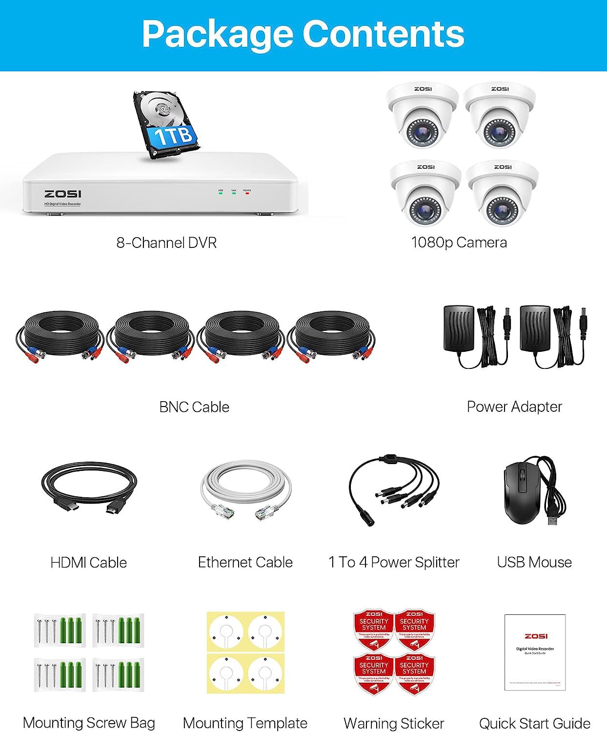 ZOSI 1080P 8 Channel Security Camera System with 1TB HDD,H.265+ 3K Lite 8CH Security DVR Recorder with 4pcs HD 1920TVL 1080P Outdoor Weatherproof CCTV Cameras,Motion Alert,Remote Access