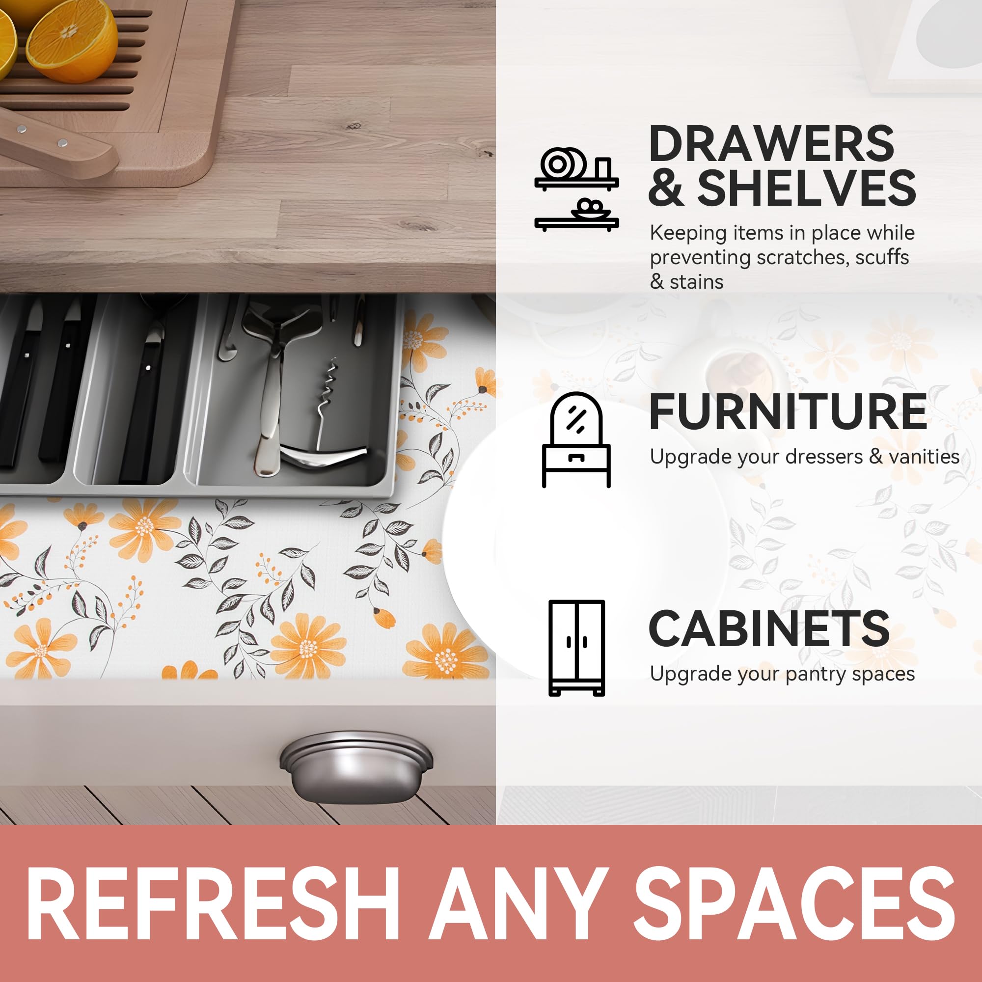 RAY STAR Shelf Liner, 12 Inch x 10 Feet Non Adhesive White Daisy Red Floral Cabinet Liner for Pantry Drawer Vanity, Strong Grip Non Slip Waterproof, Shelf Liners for Kitchen Cabinets