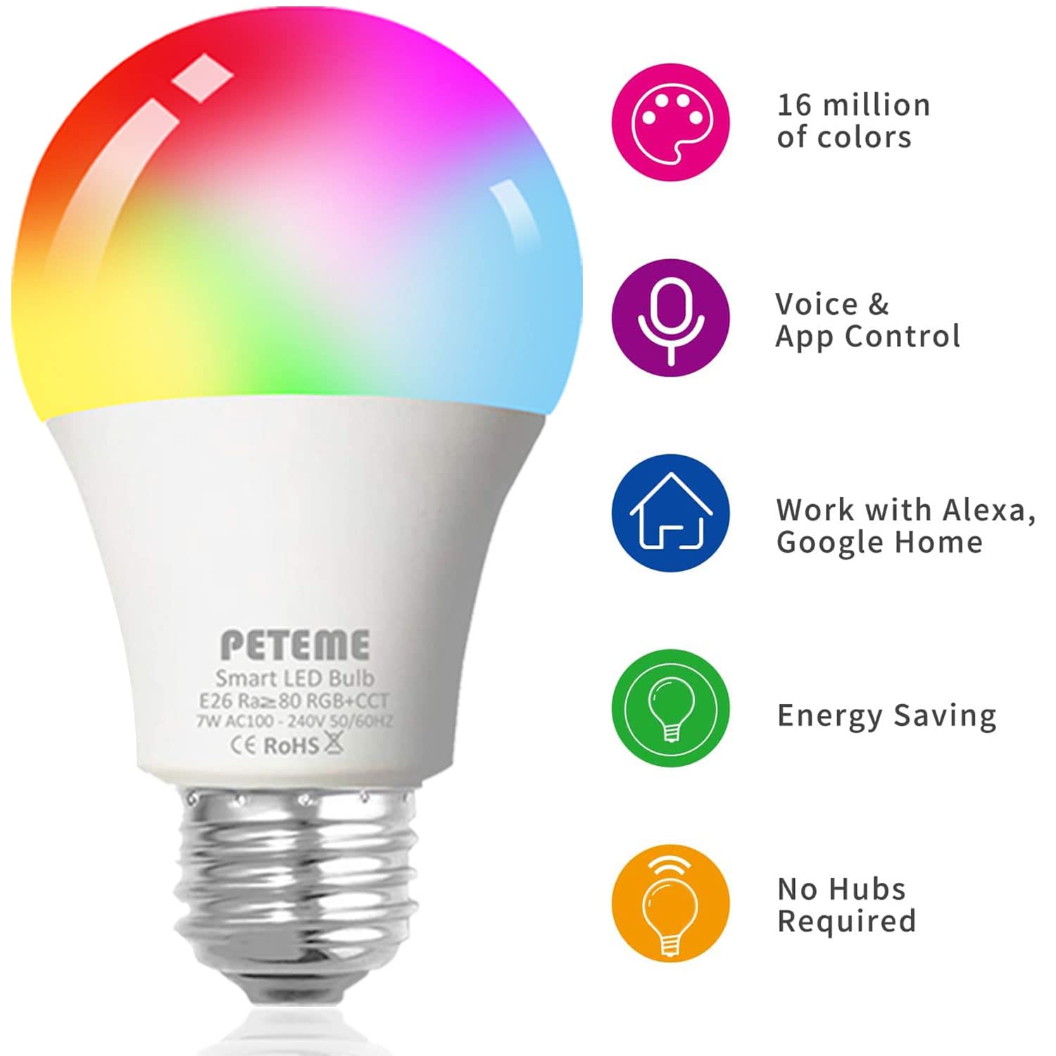 Smart Light Bulbs That Work with Alexa, Color Changing Dimmable 2.4Ghz WiFi Bulbs, A19 7W 600LM No Hub Required Peteme Smart Life Bulbs with APP Control, Echo, Google Assistant Compatible, 4 Pack