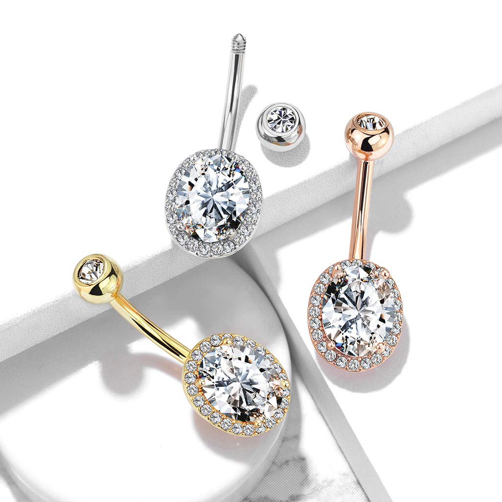 MoBody 14G Double Tier Cubic Zirconia Oval Prong Set Belly Button Ring Surgical Steel Curved Navel Barbell Body Jewelry (Silver-Tone)