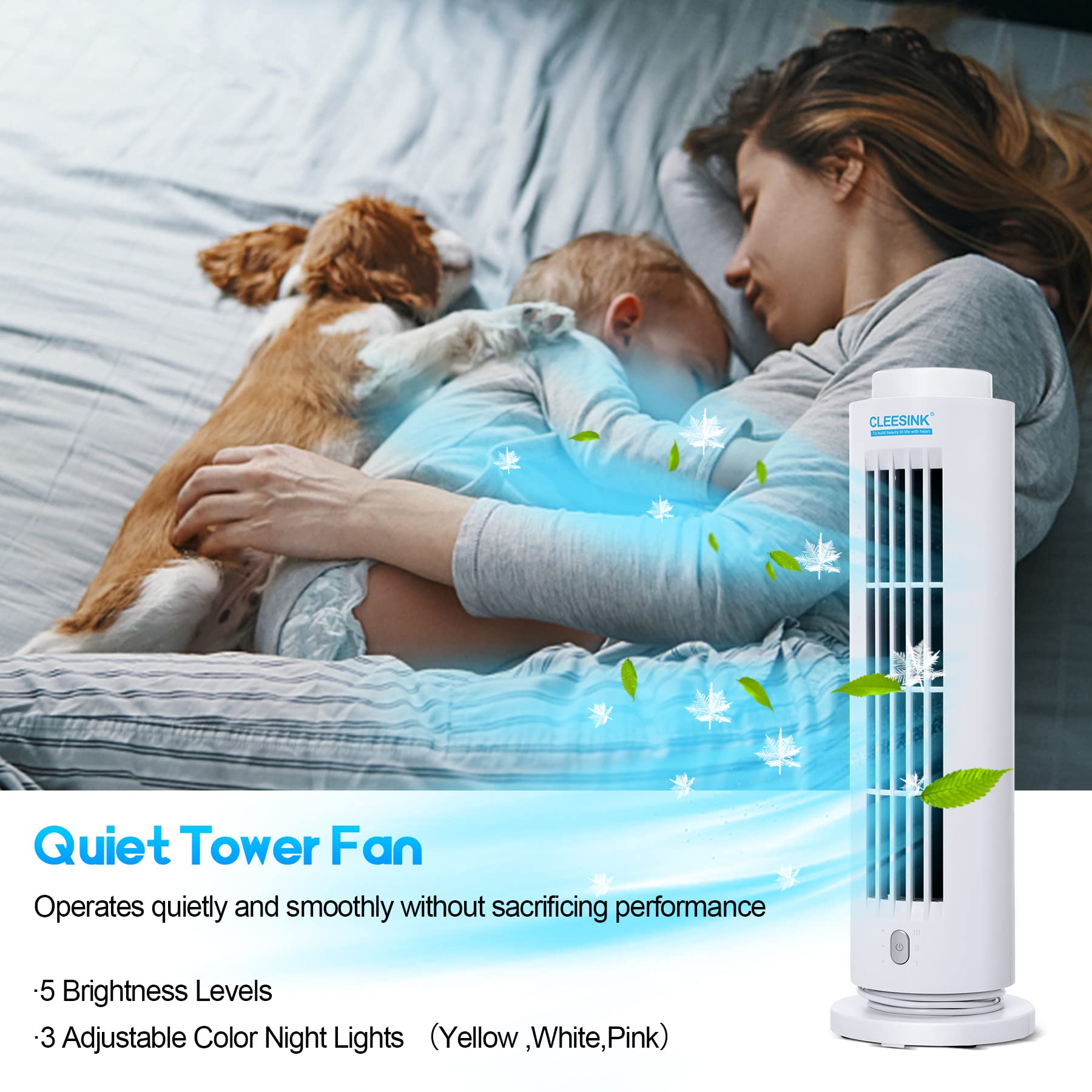 Tower Desk Fan with Portable USB and Five Brightness Adjustment, Cooling Quiet Tower Fan Portable Tricolor Adjustable Night Lamp for Kitchen, Office, Home