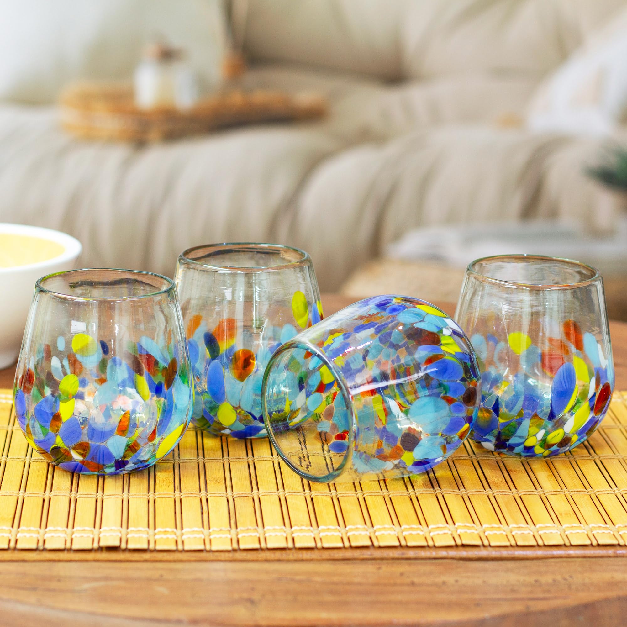 NOVICA Artisan Handblown Recycled Ecofriendly Stemless Wine Glasses Vibrant from Mexico Multicolor Clear Tableware Drinkware 'Confetti Gala' (Set of 4)
