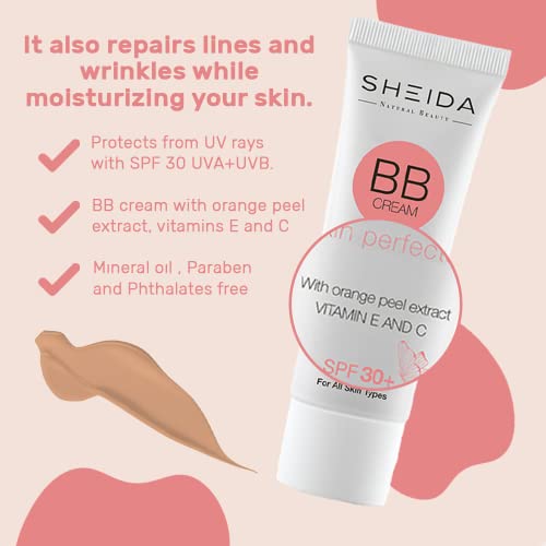 SHEIDA BB CREAM 50 ML, SPF 30 UVA+UVB Protected skin perfector, Multi-Function BB Cream & Mineral Sunscreen, Orange peel extract with vitamin E&C moisturizes, Flawless Coverage, Repairs Lines and Wrinkles