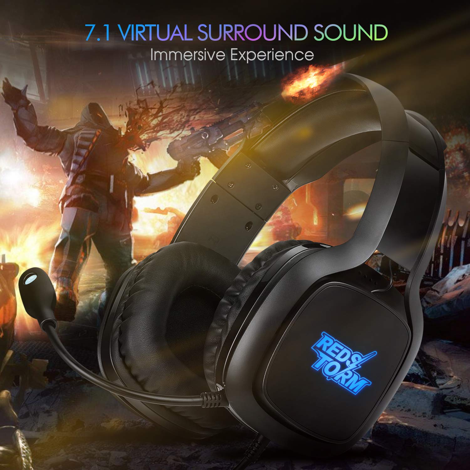 REDSTORM Gaming Headset PC Headset RGB Lights with 7.1 Surround Sound, USB Headphones with Noise Cancelling Microphone Plug & Play Compatible with Mac/PC/Laptops/Mac Computers
