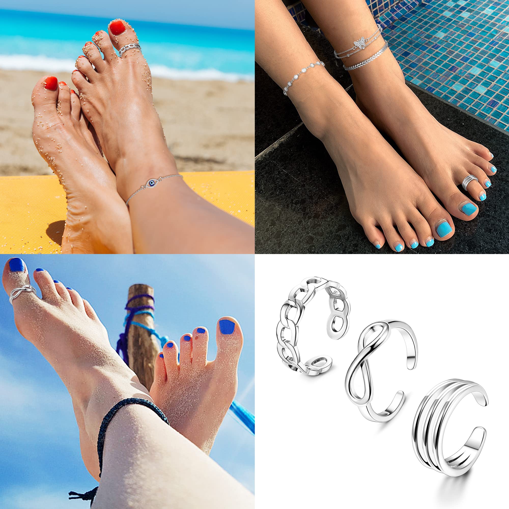 Sanfenly Anklets and Toe Ring Set for Women Silver Anklet Bracelets Open Adjustable Toe Ring Flower Wave Heart Tail Pinky Band Rings Summer Beach Foot Jewelry