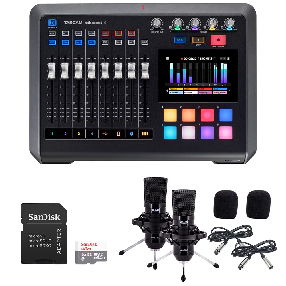 Tascam Mixcast 4 Podcast Station with Built-in Recorder/USB Audio Interface (MIXCAST4) Bundle with 32GB microSDHC Memory Card and 2x CAD GXL1800 Condenser Mic