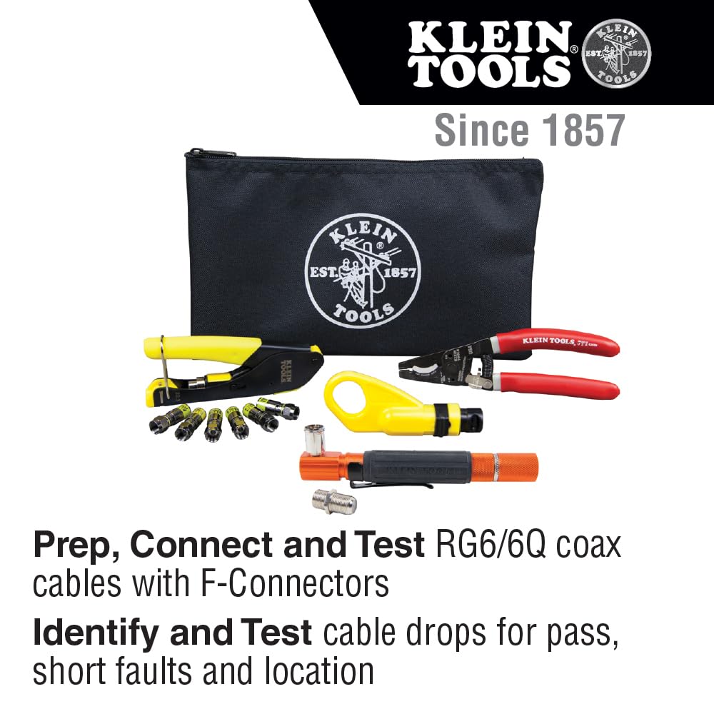 RG6/6Q Coaxial Cable Install Kit with Tester and F-Connectors, Includes Cutter, Radial Stripper, Crimper Klein Tools VDV026-227