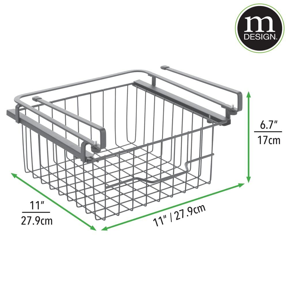 mDesign Compact Hanging Pullout Drawer Basket - Sliding Under Shelf Storage Organizer - Metal Wire - Attaches to Shelving - Easy Install - for Kitchen, Pantry, Cabinet - White