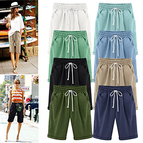 Shorts for Women High Waist Casual Summer, Half Length Printed Linen Short Workout Yoga Short Athletic Short Biker Shorts(White,XL)