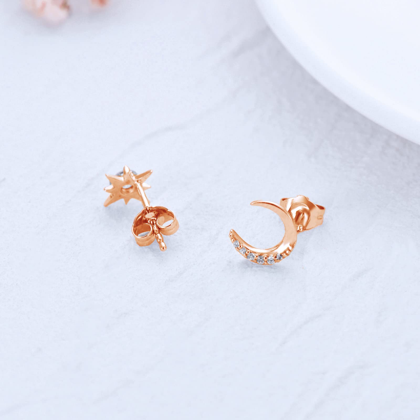 Solid 14k Yellow Gold Moon and North Star Earrings, Real Gold Stud Earring for Women