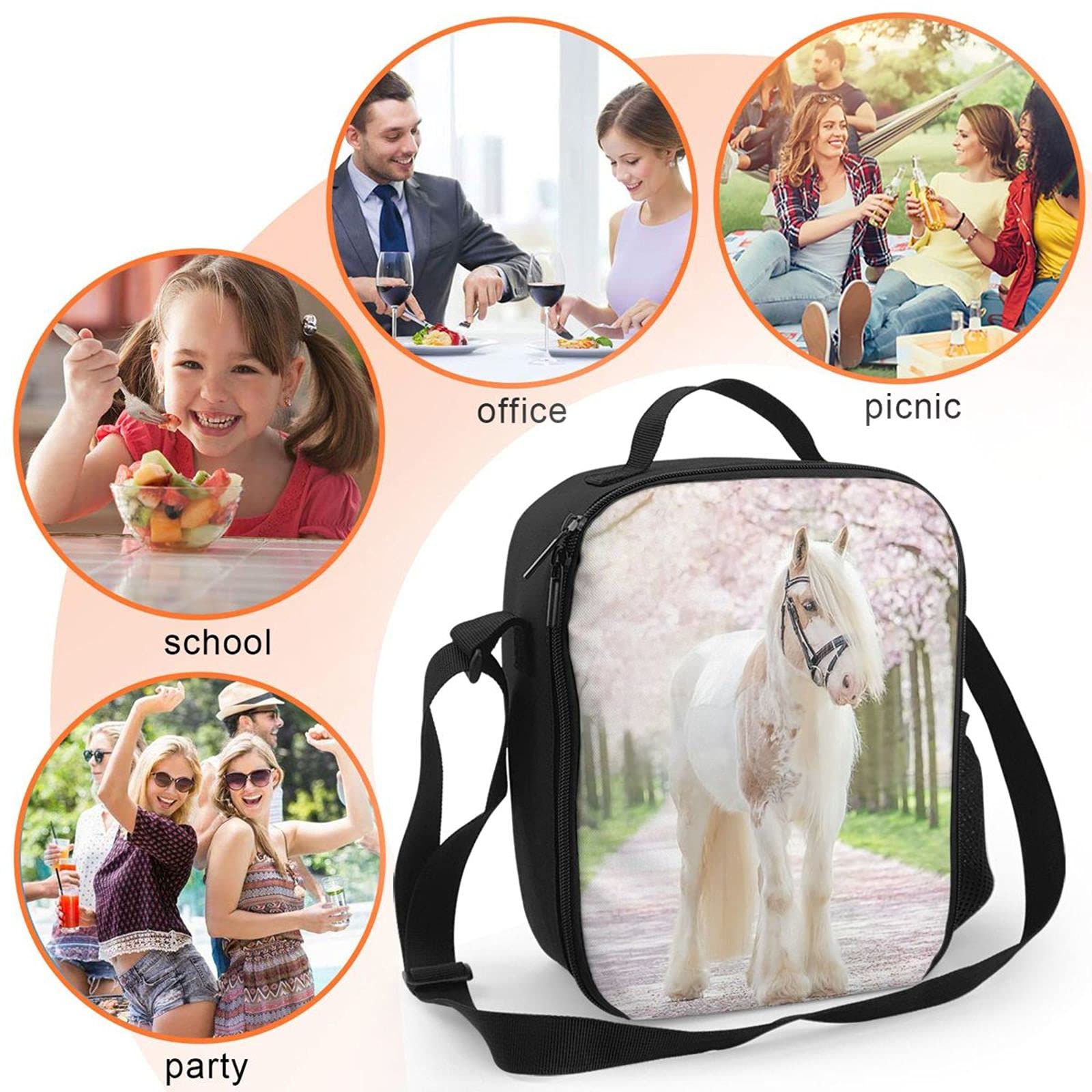 PrelerDIY White Horse Lunch Box - Insulated Lunch Box for Kids with Side Pocket & Shoulder Strap Lunch Bag, Perfect for School/Camping/Hiking/Picnic/Beach/Travel
