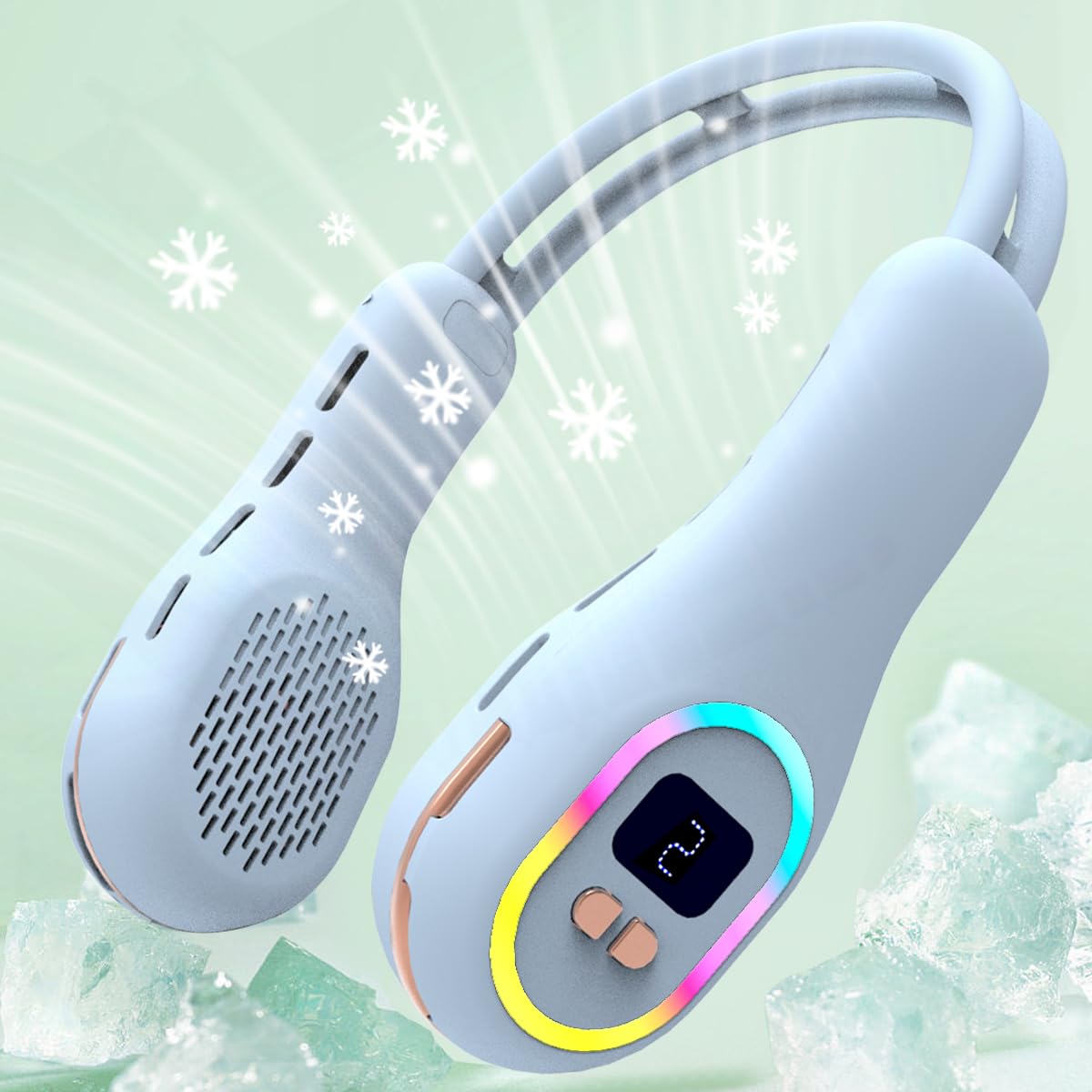 WATCENDY Neck Fan Wearable Hands Free Bladeless Neck Fan LED Colored Light 3 Speed 360ยฐ Wind Direction Adjustment Rechargeable Portable Neck Fan (Lilac purple)