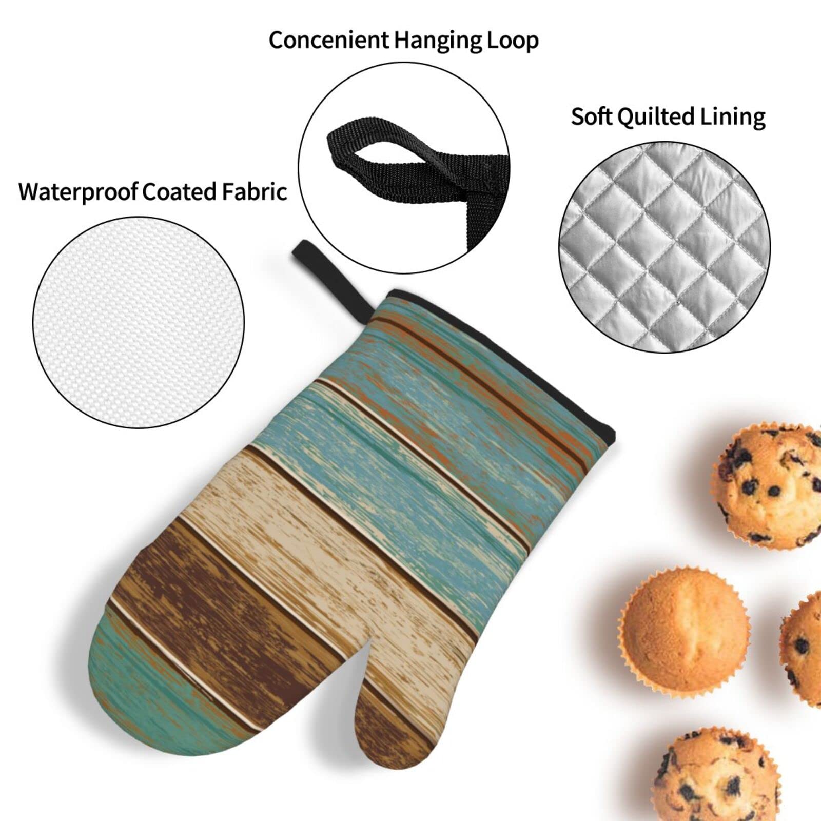 Retro Rustic Barn Wood Oven Mitts and Pot Holders Sets Set of 4,Resistant Hot Pads Non-Slip Cotton Lining Gloves for Kitchen Baking Cooking Grilling
