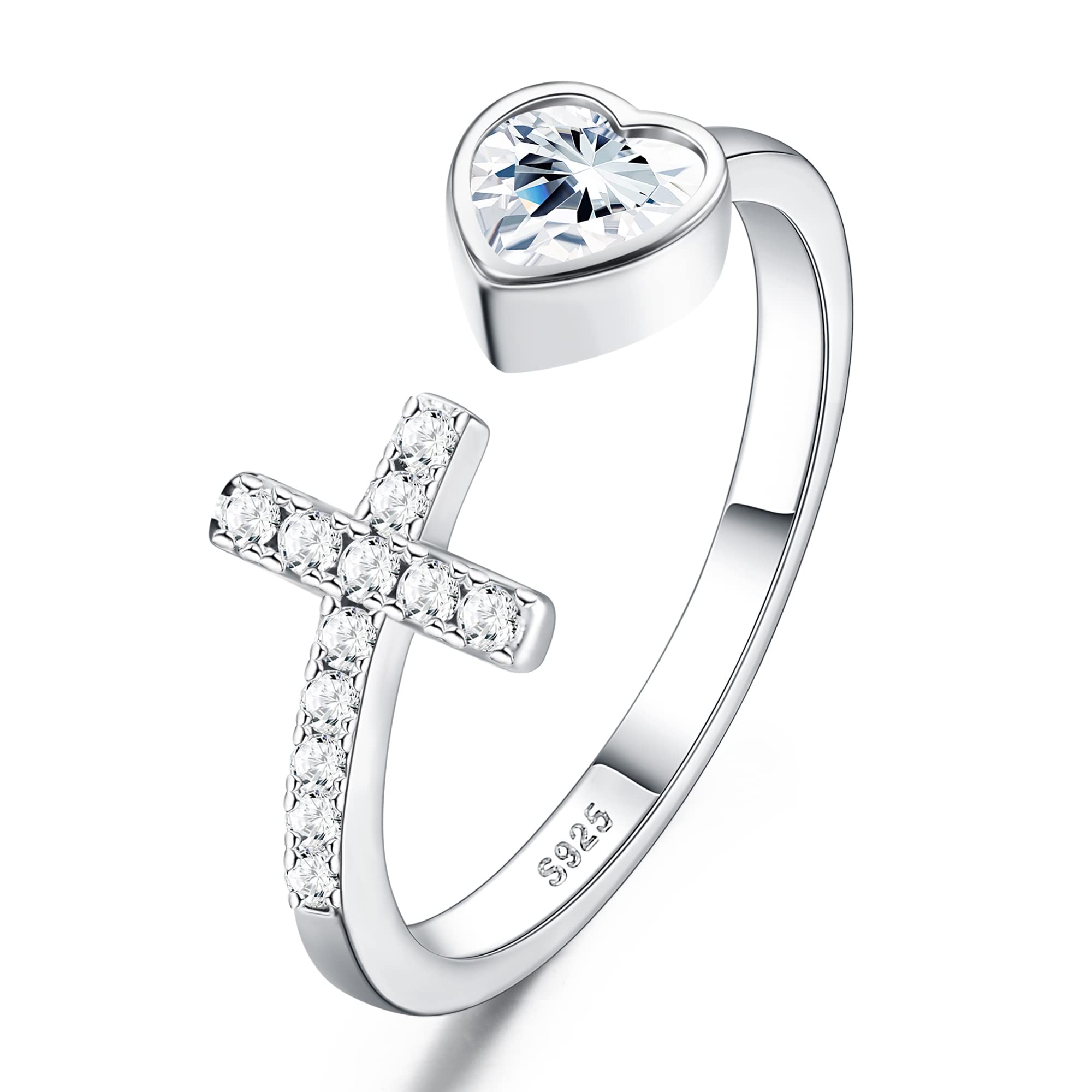 Sllaiss 925 Sterling Silver Heart Cross Rings for Women 5A CZ Open Stacking Ring Christian Religious Cross Knuckle Ring (Silver 2)