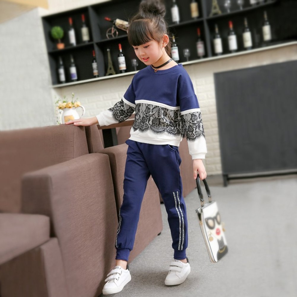 M RACLE Cute Little Girls' 2 Pieces Long Sleeve Top Pants Leggings Clothes Set Outfit (4-5 Years(110), Navy White)