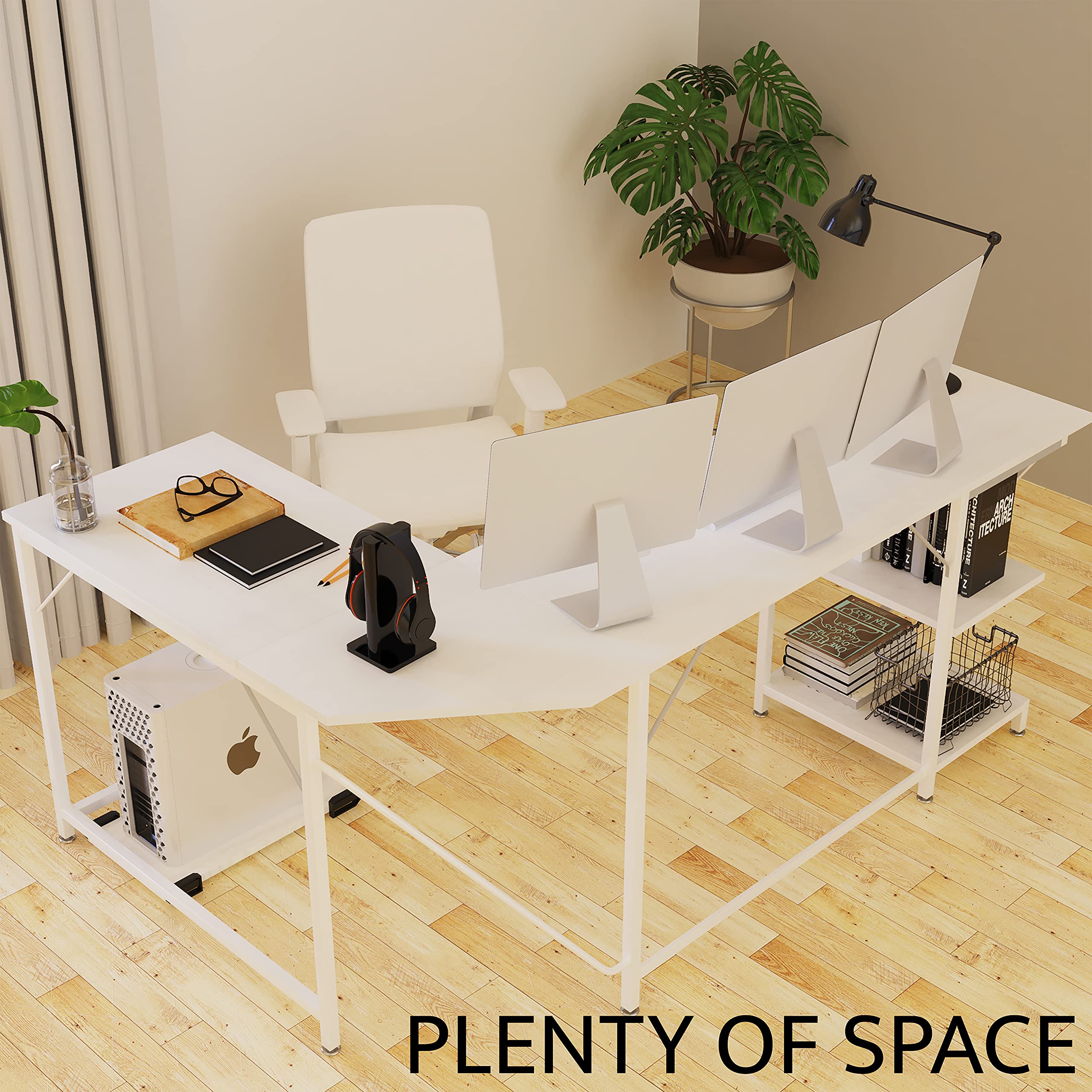 NOXU White L Shaped Desk with Shelves - Large Modern 66''x47''x29.5'' (LxWxH) - Reversible L Shaped Gaming Desk for Home or Office - Safe and Sturdy Computer Desk with Storage - Corner Desk Table