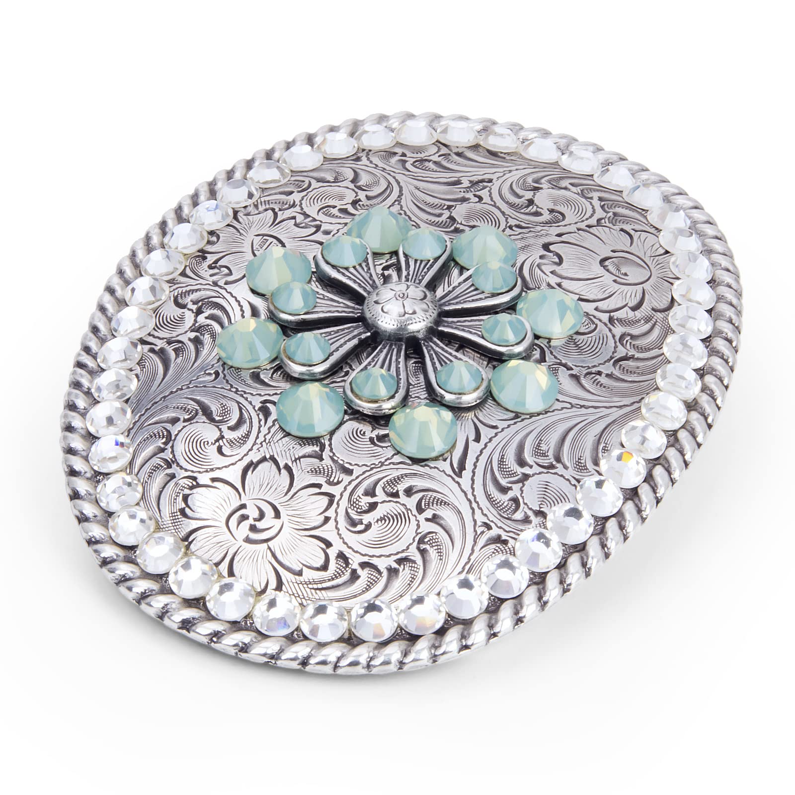 Silver-plated two-tone belt buckle (Green Crystal)