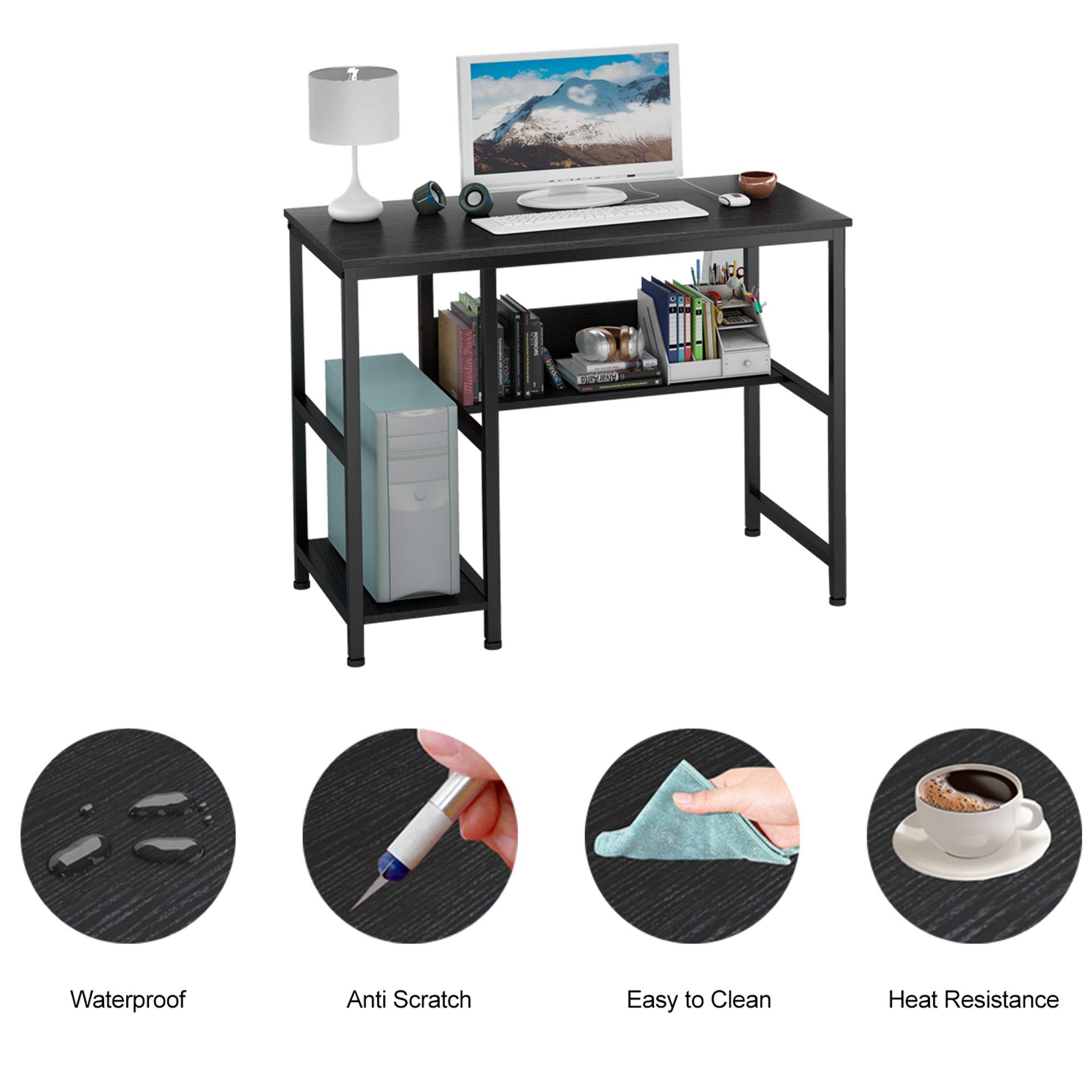 Ruitta Writing Computer Desk with Shelves, Sturdy Home Office Desk, Writing Desk Study Desk for Small Spaces, Easy Assemble, Stable Metal Frame (39", Black)