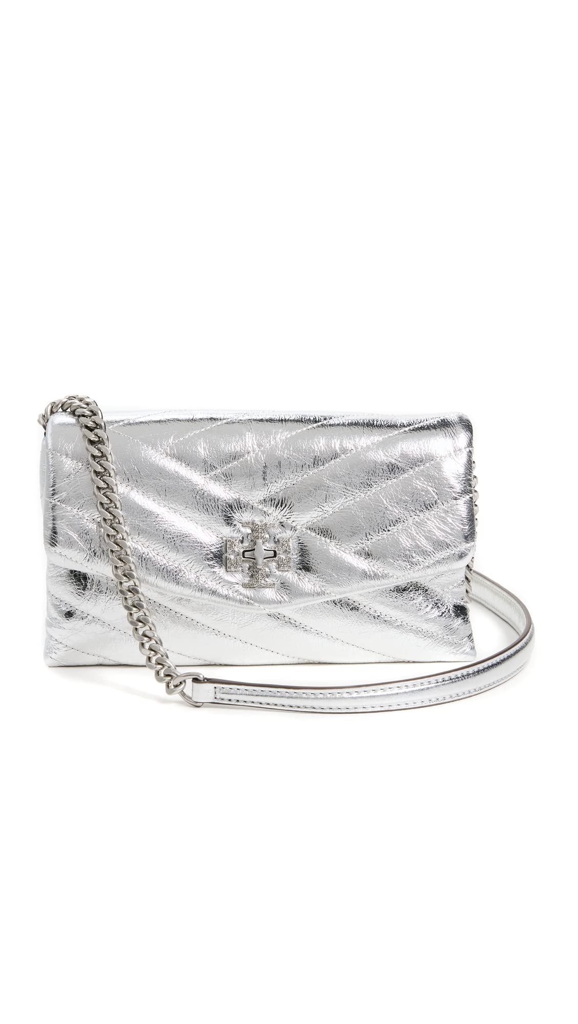 Tory Burch Women's Kira Chevron Metallic Pave Logo Chain Wallet, Silver, One Size