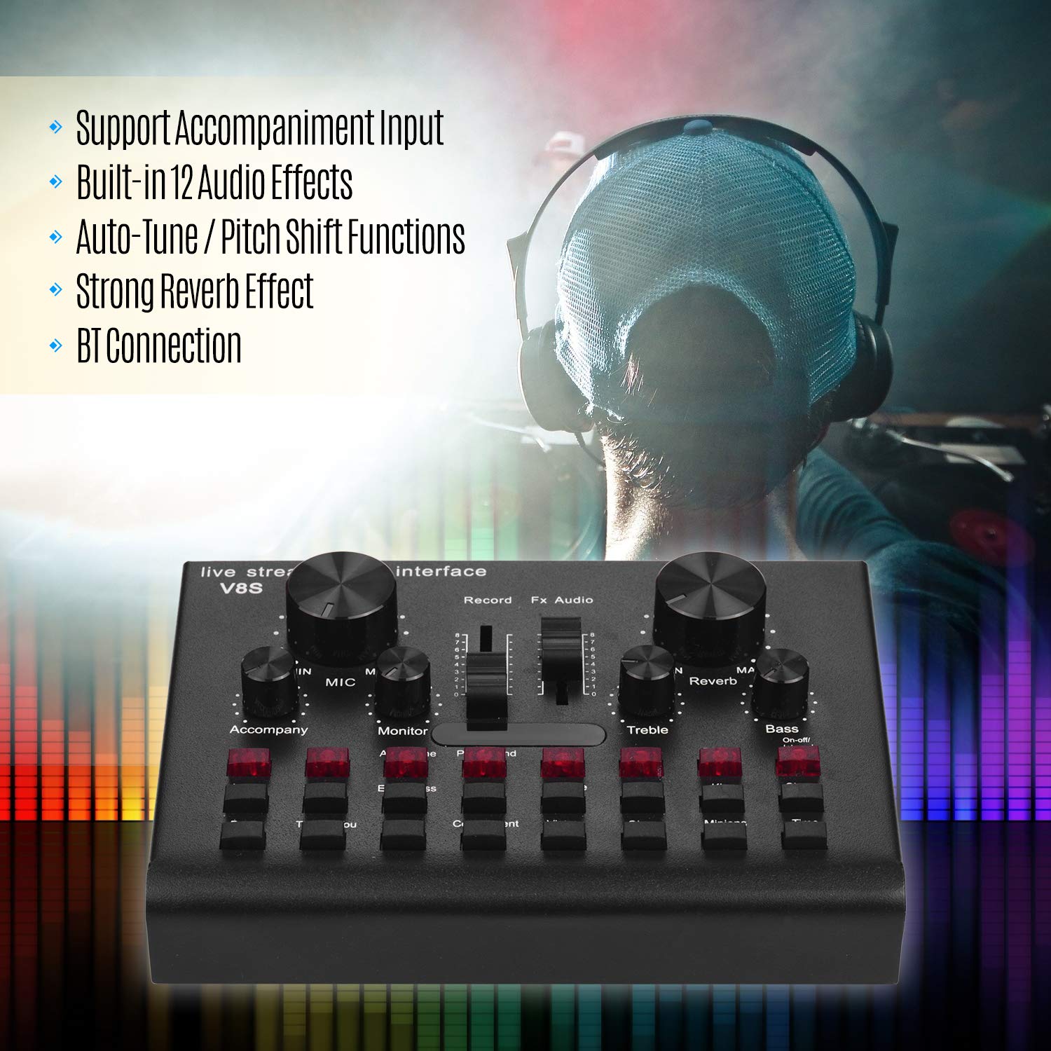 summina Live Streaming Sound Card, Multifunctional Live Sound Card, USB Bluetooth Audio Card, Audio Interface Mixer Voice Device DJ Karaoke Equipment with Adjustable Volume 16 Effects