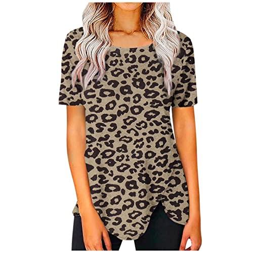 Xipoxipdo Women's Casual Tops Short Sleeved Shirts Round Neck Print Button Side Tops Summer Women Tee (Khaki, L)