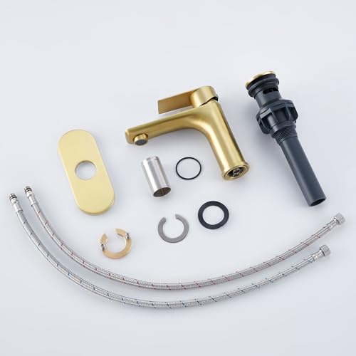 TONNY Brushed Gold Bathroom Faucet, Single Handle Gold Faucet for Bathroom Sink, Vanity Sink Faucet Bathroom 1 Hole with Pop Up Drain and Water Supply Hoses
