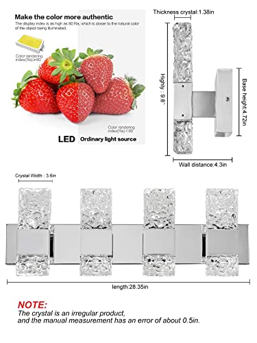 OYLYW Modern LED Bathroom Vanity Light Fixtures Chrome Stainless Steel 4 Light Wall Sconces for Bathroom Lighting Fuxture Over Mirror 28 Inch 40w LED Crystal Wall Light Cool White 5800K