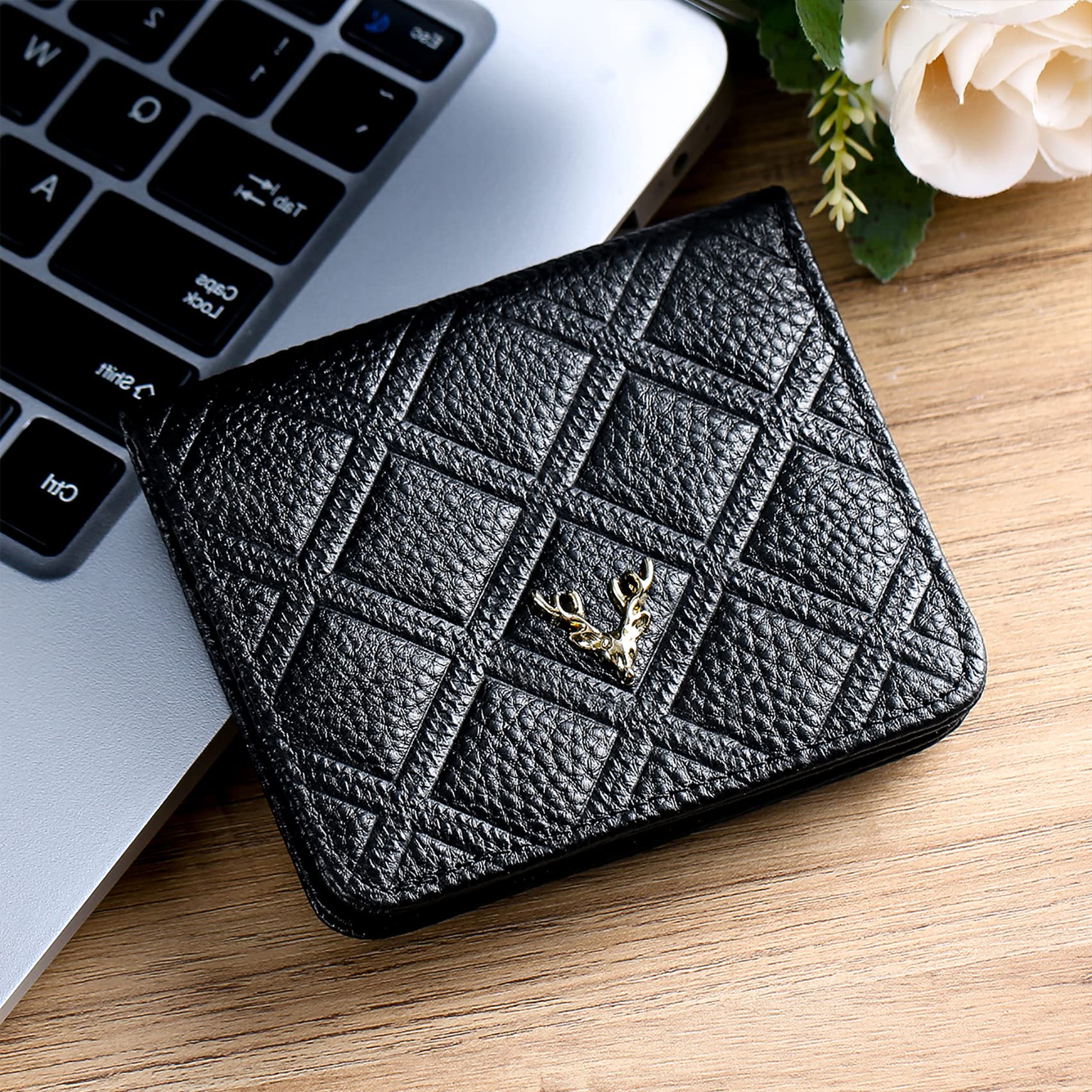 Small Wallets for Women RFID Blocking Genuine Leather Ladies Compact Bifold Pocket Wallet Mini Purse with ID Window Black-1