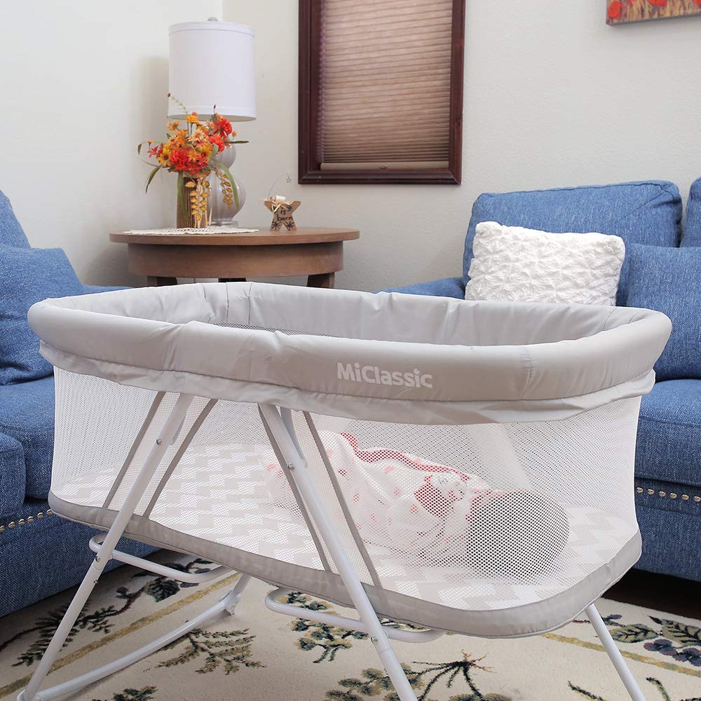 miclassic All mesh 2in1 Stationary&Rock Bassinet One-Second Fold Travel Crib Portable Newborn Baby (Crystal)