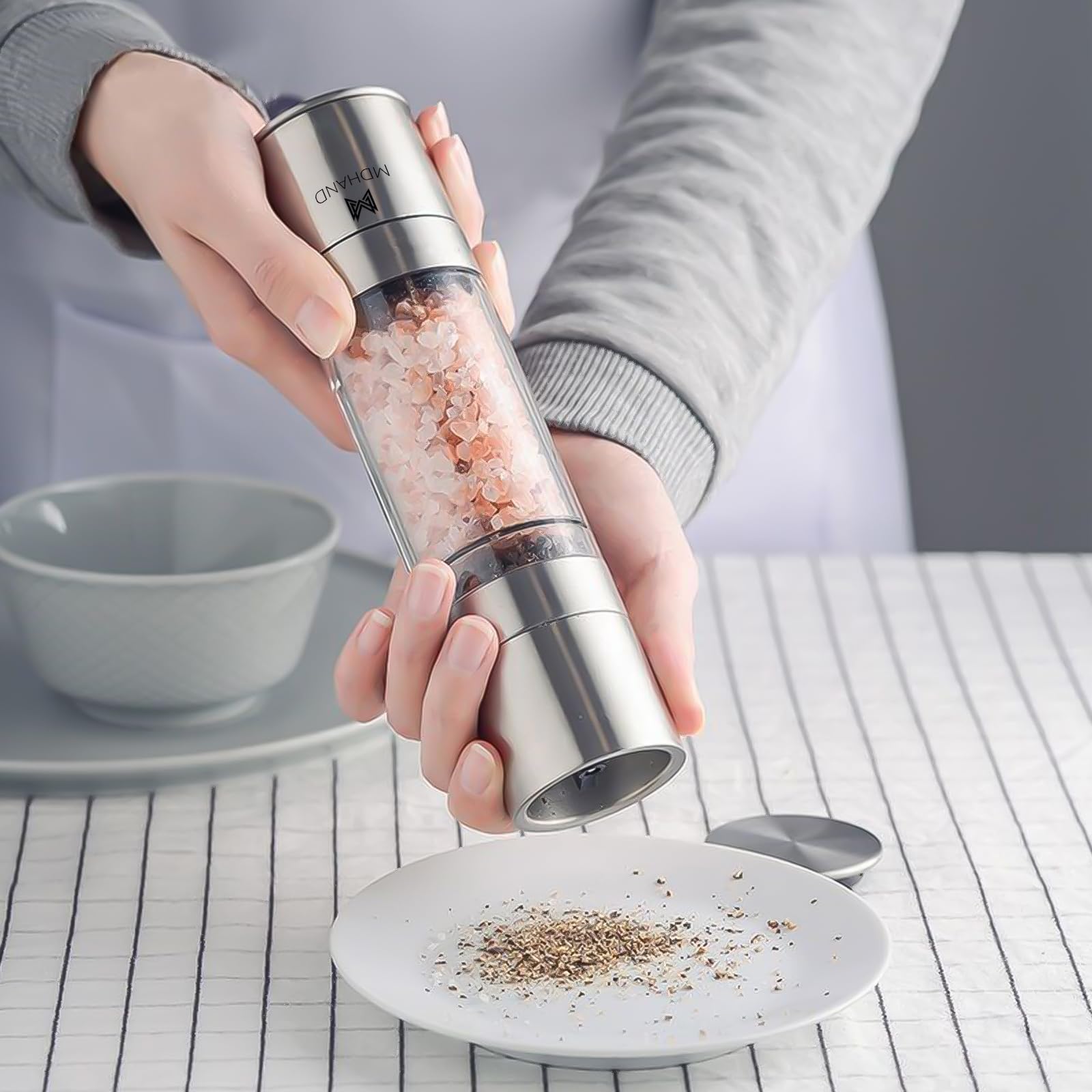 MDHAND Manual Salt and Pepper Grinder Set, 2 IN 1 Pepper Grinder & Salt Grinder with Adjustable Coarseness, Pepper Mill Shaker Salt and Pepper Grinder For Kitchen