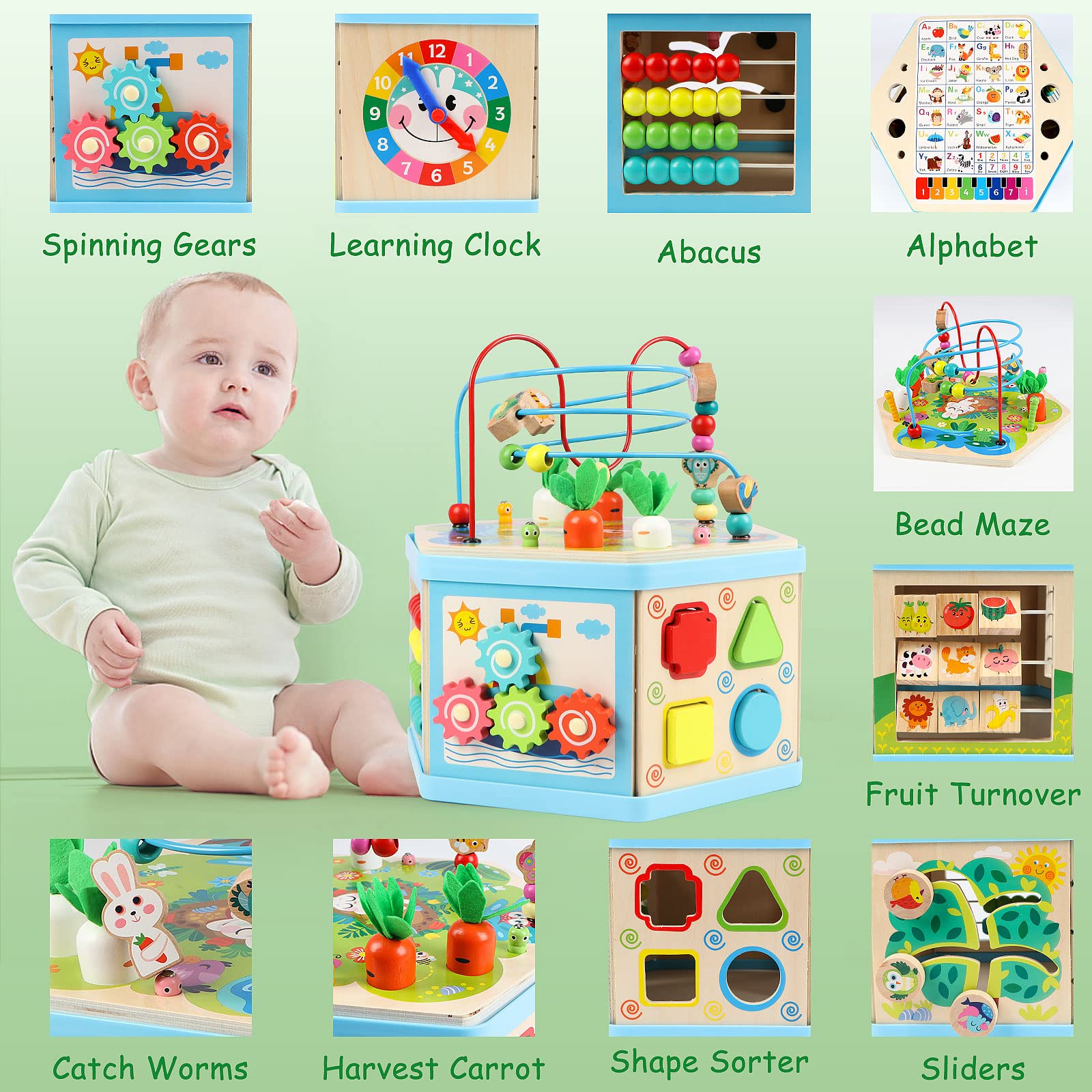 Vomocent Activity Cube for 1 Year Old Boy Girl, 10 in 1 Wooden Educational Learning Bead Maze for Toddler 1-3, Developmental Montessori Toys for 12-36 Months Gift