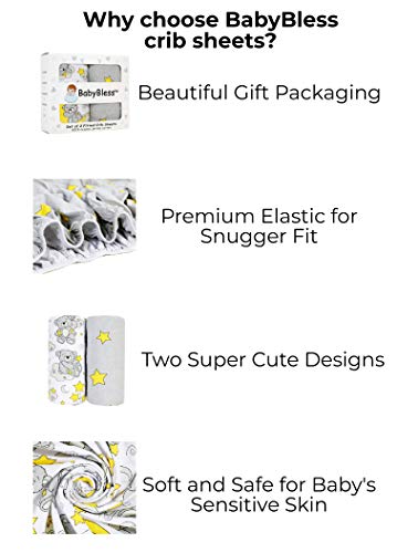 Organic Crib Sheets (2 Pack) - 100% Organic Jersey Cotton Fitted Crib Sheets for Standard Crib and Toddler Mattresses |Star and Bear Print | (Grey, Yellow, White)