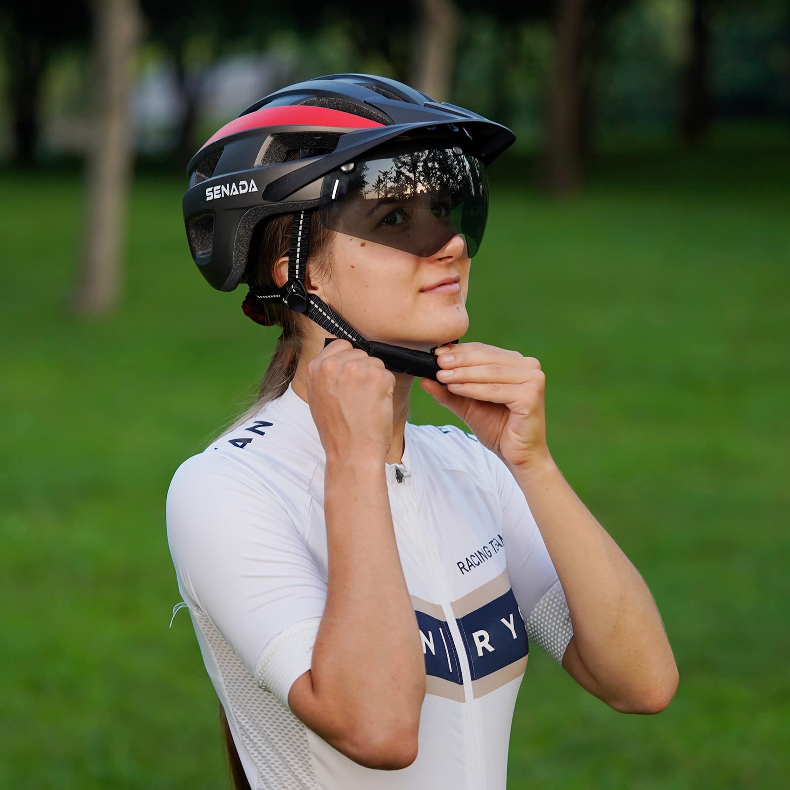 SENADA Adults Bike Helmet with Sun Visor with Detachable Goggles Adjustable Size Cycling Helmets Mountain Bicycle Helmets for Women and Men (Black)