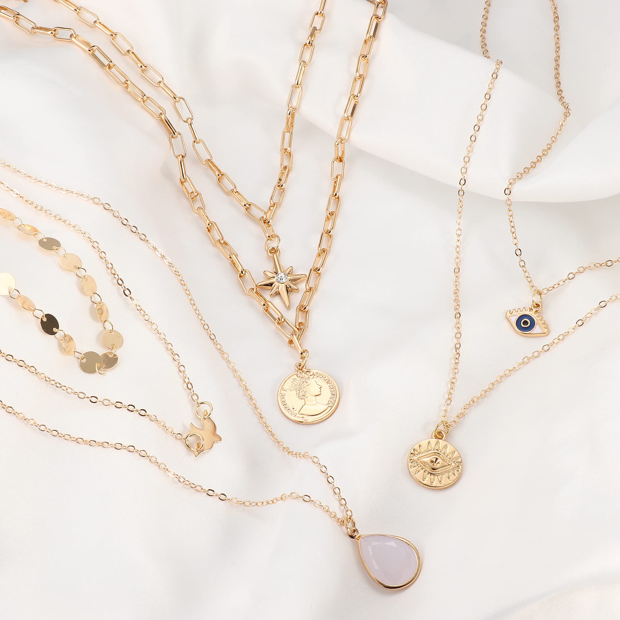 Subiceto 9pcs Layered Necklaces for Women Coin Bar Beads Circle Crescent Moon Star Pendant Necklace Multilayer Necklaces Set Gold
