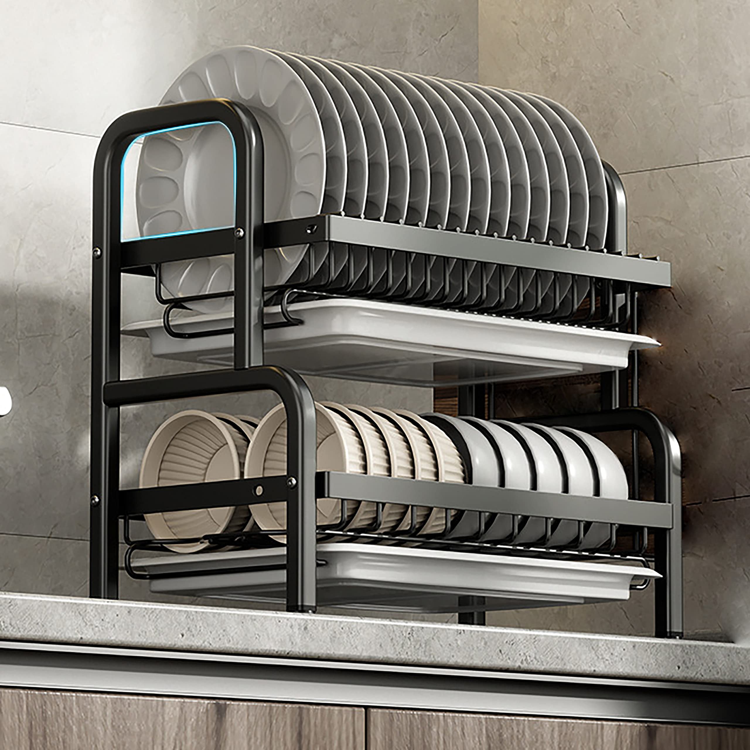 PEAKXCAN Dish Drying Rack, 2 Tier Rust-Resistant Dish Rack Small Dish Drainer with Drainboard Tray, Dish Racks for Kitchen Counter, Durable Stainless Steel Kitchen Drying Rack, Black
