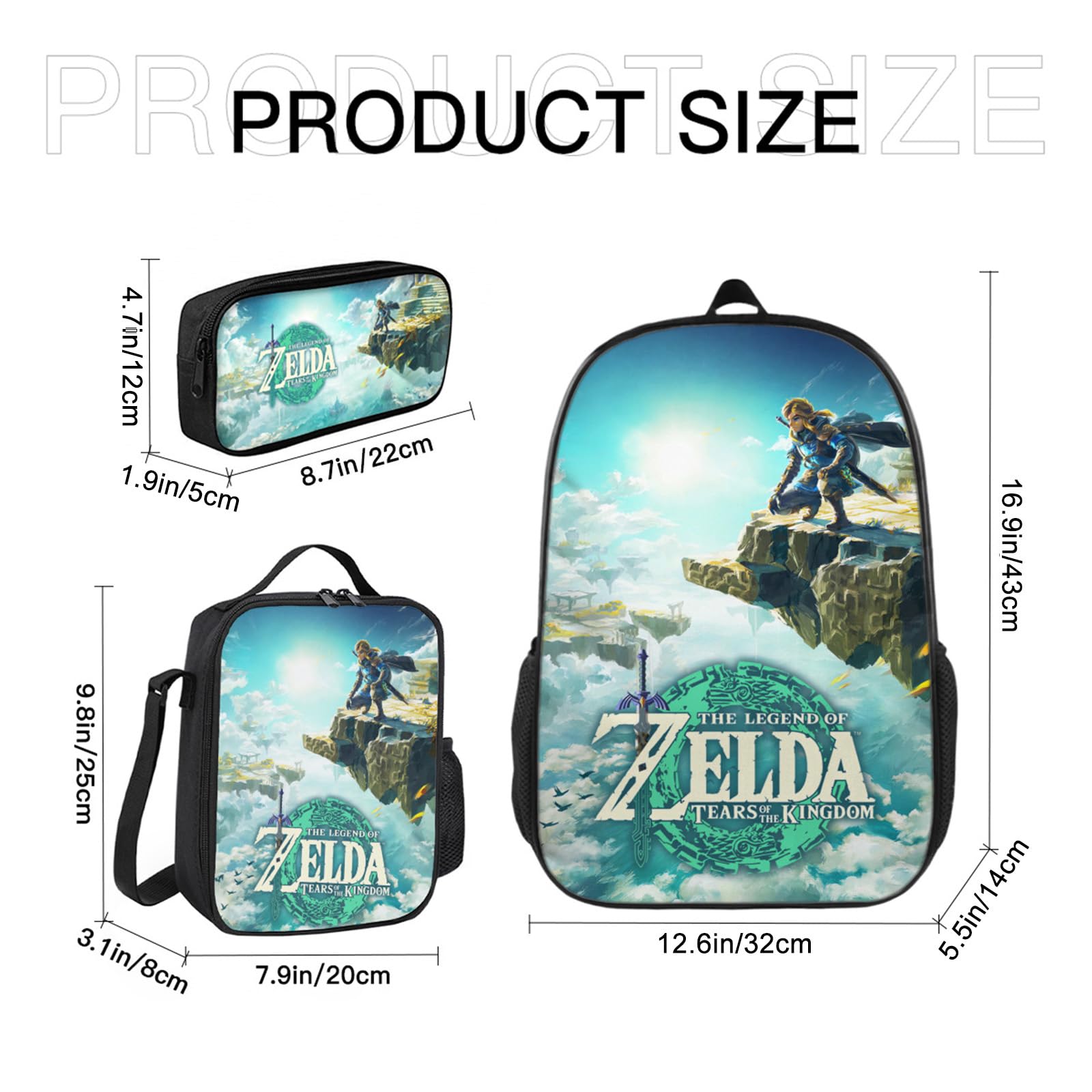 RDXLAYIV Zelda Tears of The Kingdom Backpack 17inch Backpack 3pc Backpacks Set School Bag Game Fans Gift with Lunch Bag Pen Case for Boys Girls Studen