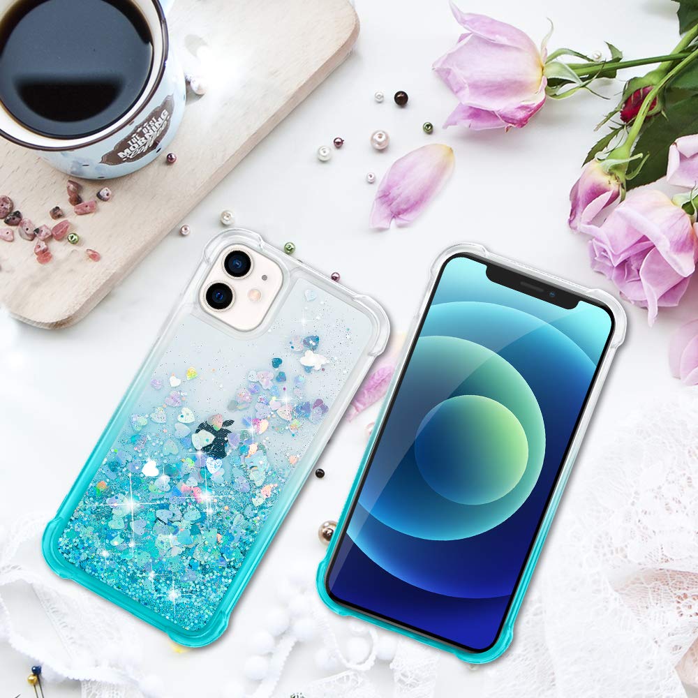 Ruky Compatible with iPhone 12 Case/iPhone 12 Pro Case 6.1 Inch (2020), Glitter Flowing Liquid Quicksand Series Bling Soft TPU Bumper Cushion Girls Women Phone Case, Gradient Teal