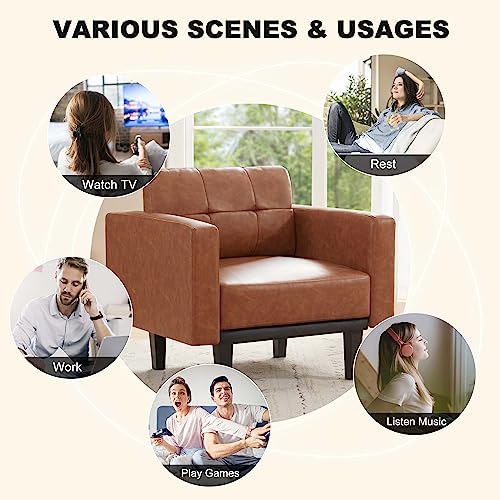 Mid-Century Modern Leather Accent Wood Base & Legs, Oversized Upholstered Single Sofa Chair, Comfy Living Room Armchairs for Apartment Bedroom Office Study, Cognac/Espresso…, 1 Pcs, Brown