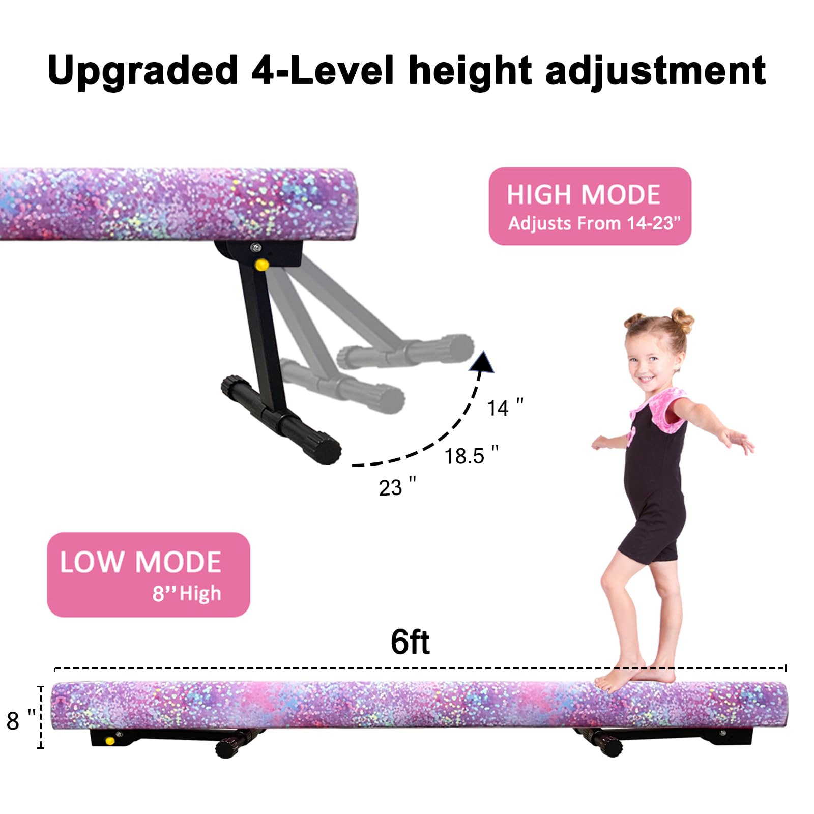 Sealoha 8ft Adjustable&Foldable Balance Beam,High-Low Floor Beam Suede Gymnastics Equipment,No Tool Require,Gymnastics Beam for Training,Physical Therapy and Professional HomeTraining (Polychrome)