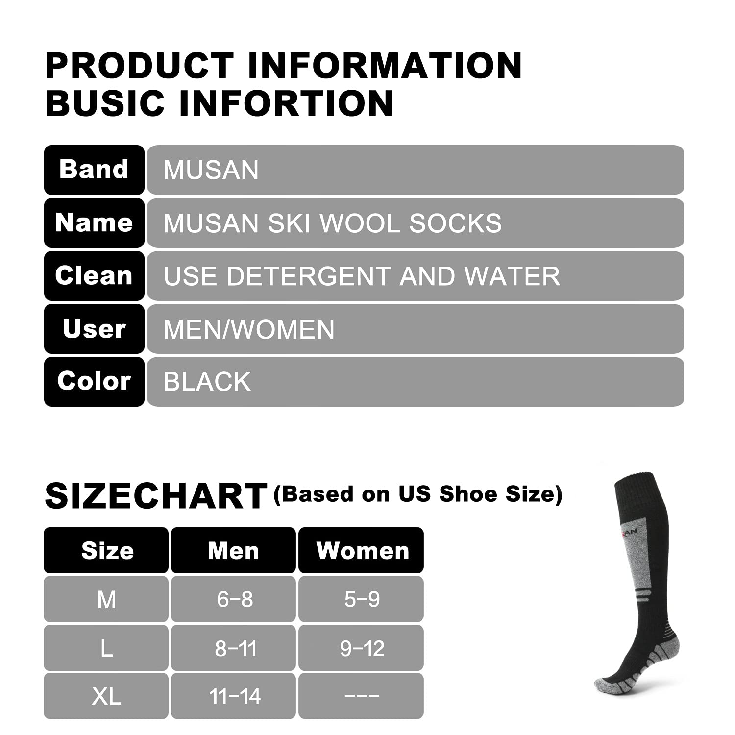 MUSAN Wool Ski Socks,Extra Warm Knee High Performance Snow Skiing/Snowboard Socks in Outdoor,Fit for Men and Women,19Black-3Pack, Size:M
