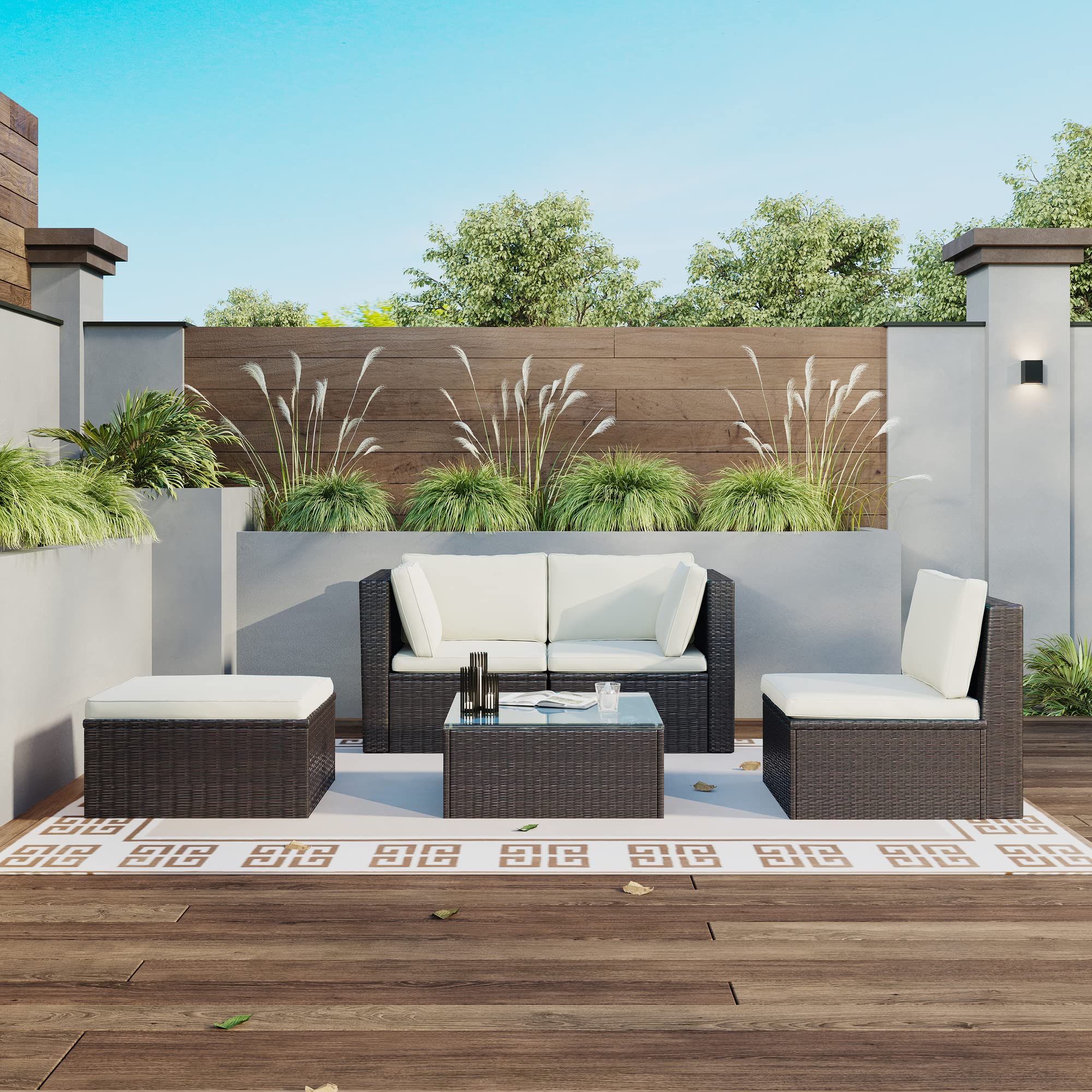Melidee Outdoor Sectional Sofa - 5 Pieces Patio Furniture Sets, Manual Weaving Wicker Rattan Conversation Sets with Cushion and Glass Table