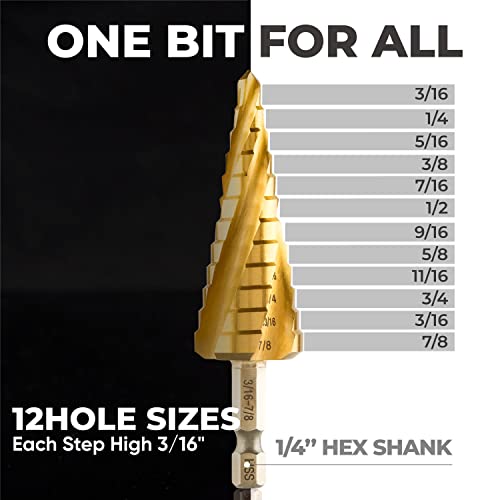 toolant Four Sprial Flute Step Drill Bit, 3/16"-7/8" Impact Ready Titanium Coated Unibit Step Bit, 1/4" Hex Shank Unibit for Metal, Stainless Steel, Aluminum, Wood, Plastic
