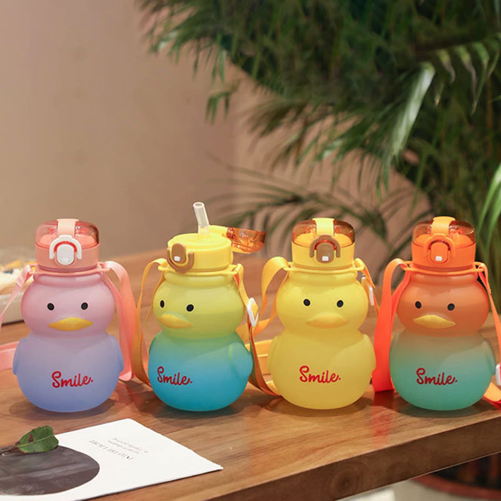 ZTGD Cute Water Bottle 650ml for Student,Lady,Kid,Kawaii Leakproof Duck Water Cup with Straw Lock Design Suspender One Key Open and Transparent Lid Blue