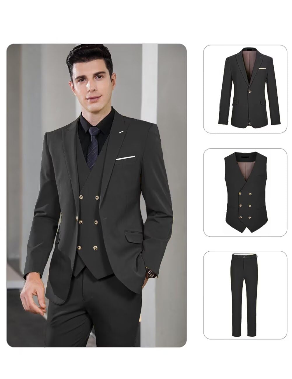 Mens Stylish 3 Piece Dress Suit Classic Fit Wedding Formal Jacket & Vest & Pants Black 4XL