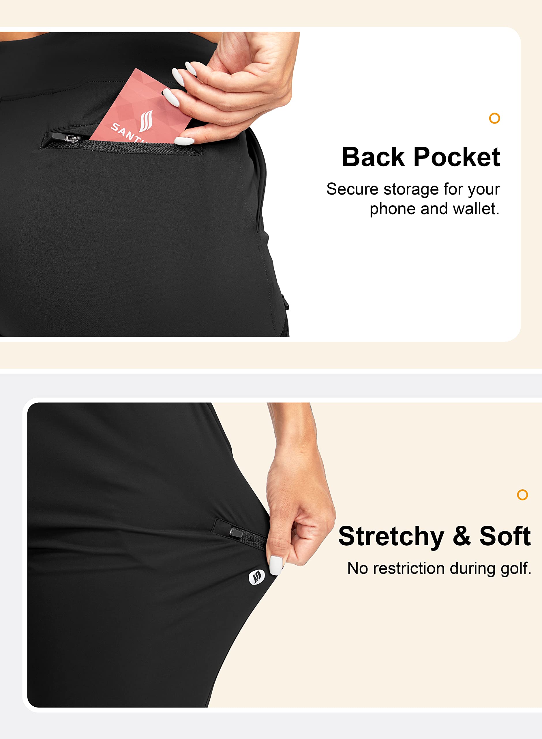 SANTINY Women's Golf Pants with 3 Zipper Pockets 7/8 Stretch High Waisted Ankle Pants for Women Travel Work (Black_M)