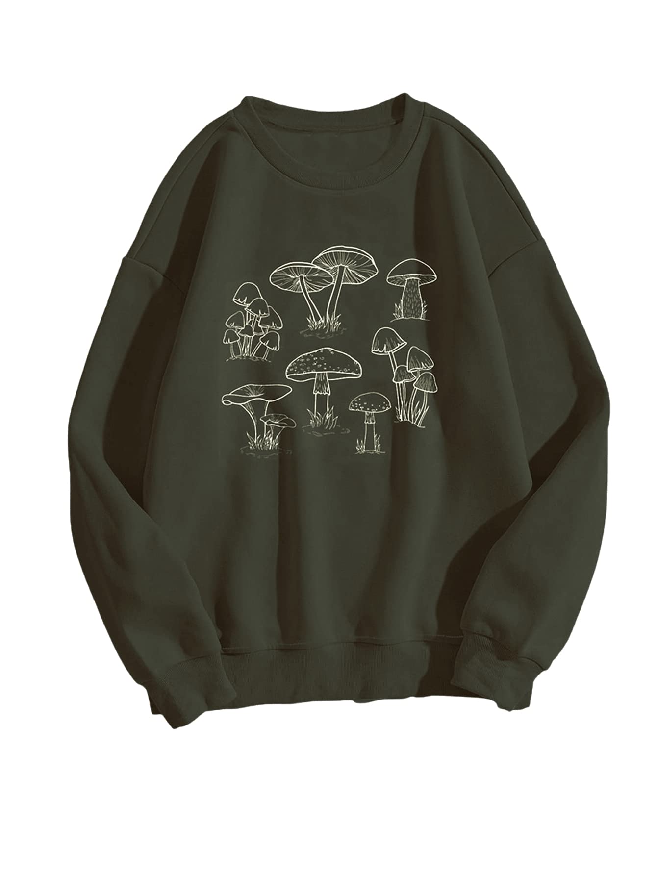 SOLY HUX Women's Plus Size Mushroom Print Long Sleeve Round Neck Casual Pullover SweatshirtArmy Green Mushroom Plus 2XL