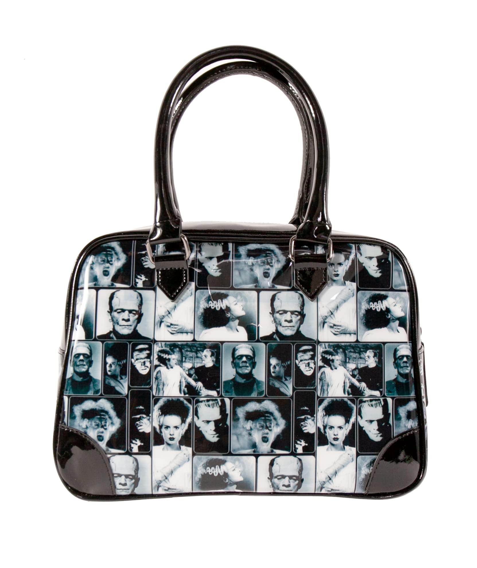 Universal Monsters Frankenstein and Bride Handbag Women s Top Handle Tiled Movie Scenes Bowler Bag