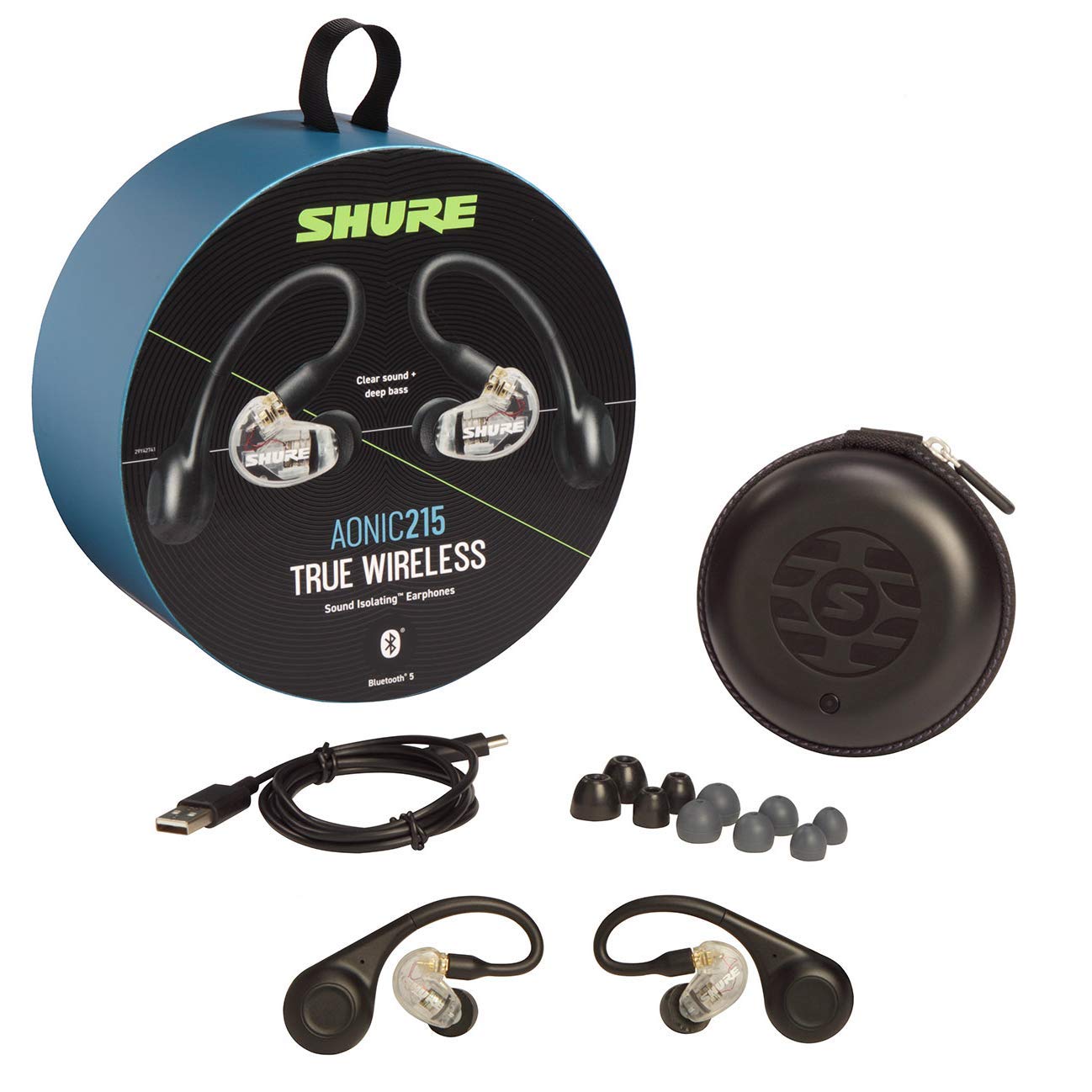 Shure Aonic 215 In Ear Wireless Headphones, Clear & Shure Universal Communication Cable, Black