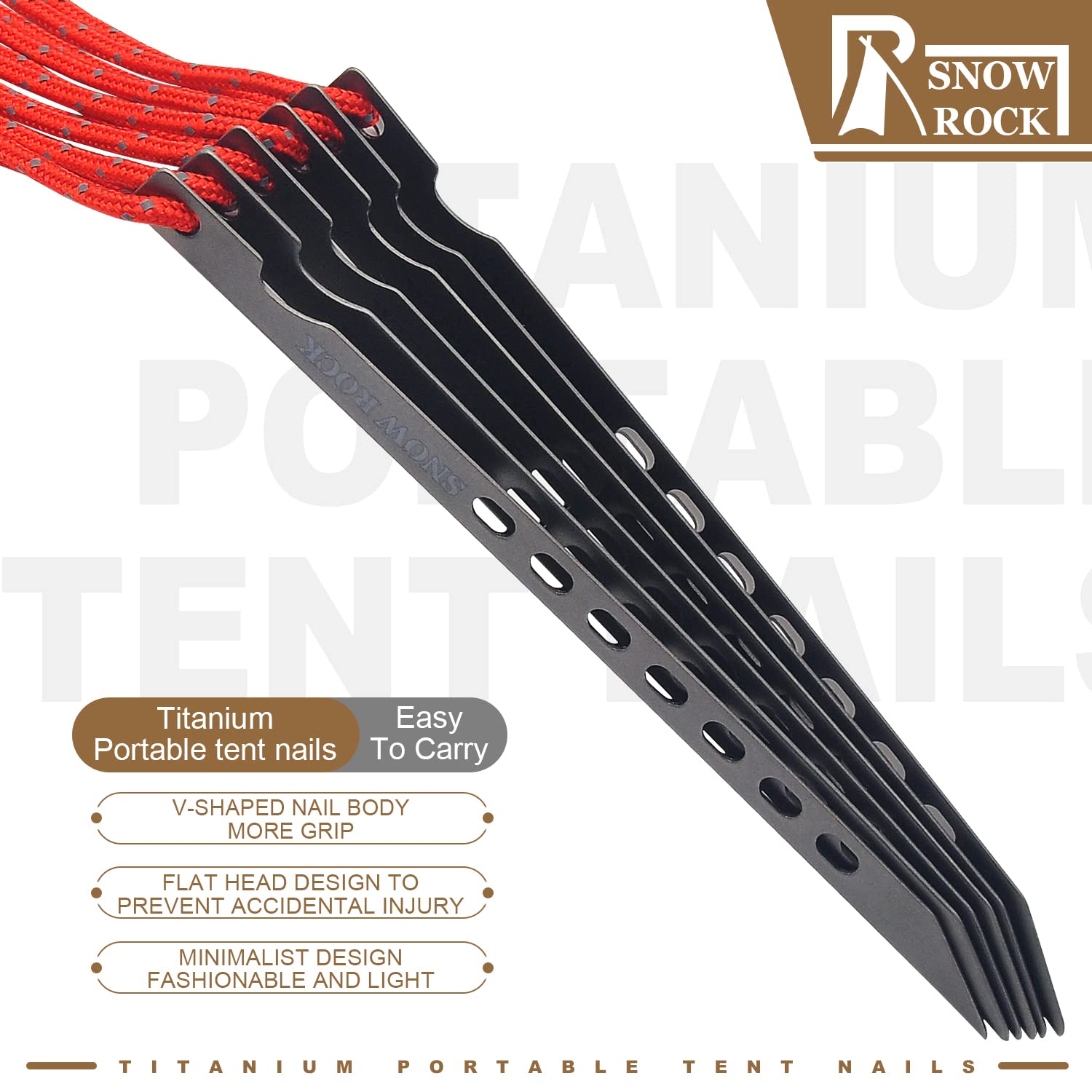 Snow Rock 6 Pack of Titanium Tent Stakes Sturdy Strong V-Shaped Tent Pegs with Reflective Pull Cords for Camping Outdoor（Style A）