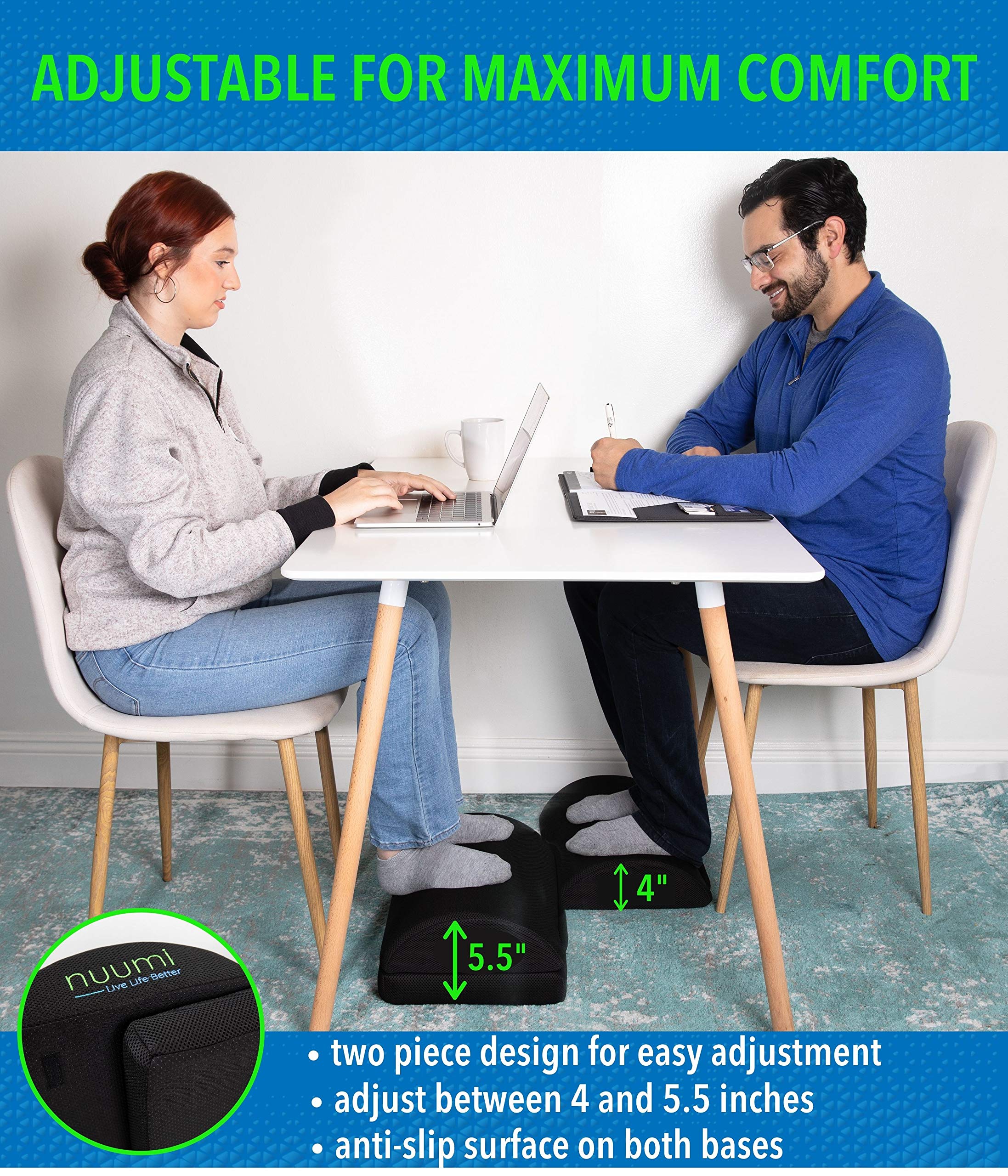 Nuumi Under Desk Foot Rest – Adjustable Height Memory Foam Ergonomic Footrest Rocker Stool for Elevation, Office Gaming Chair, Work, Airplane – Non Slip Ottoman Cushion for Back & Leg Pain Relief